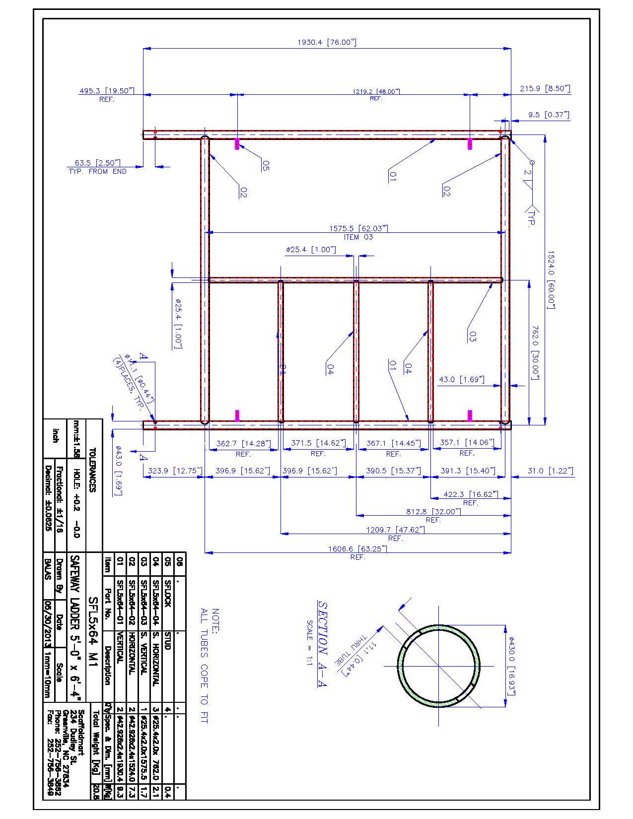 S-Style 5' X 6'4" Ladder Drawing | ScaffoldMart