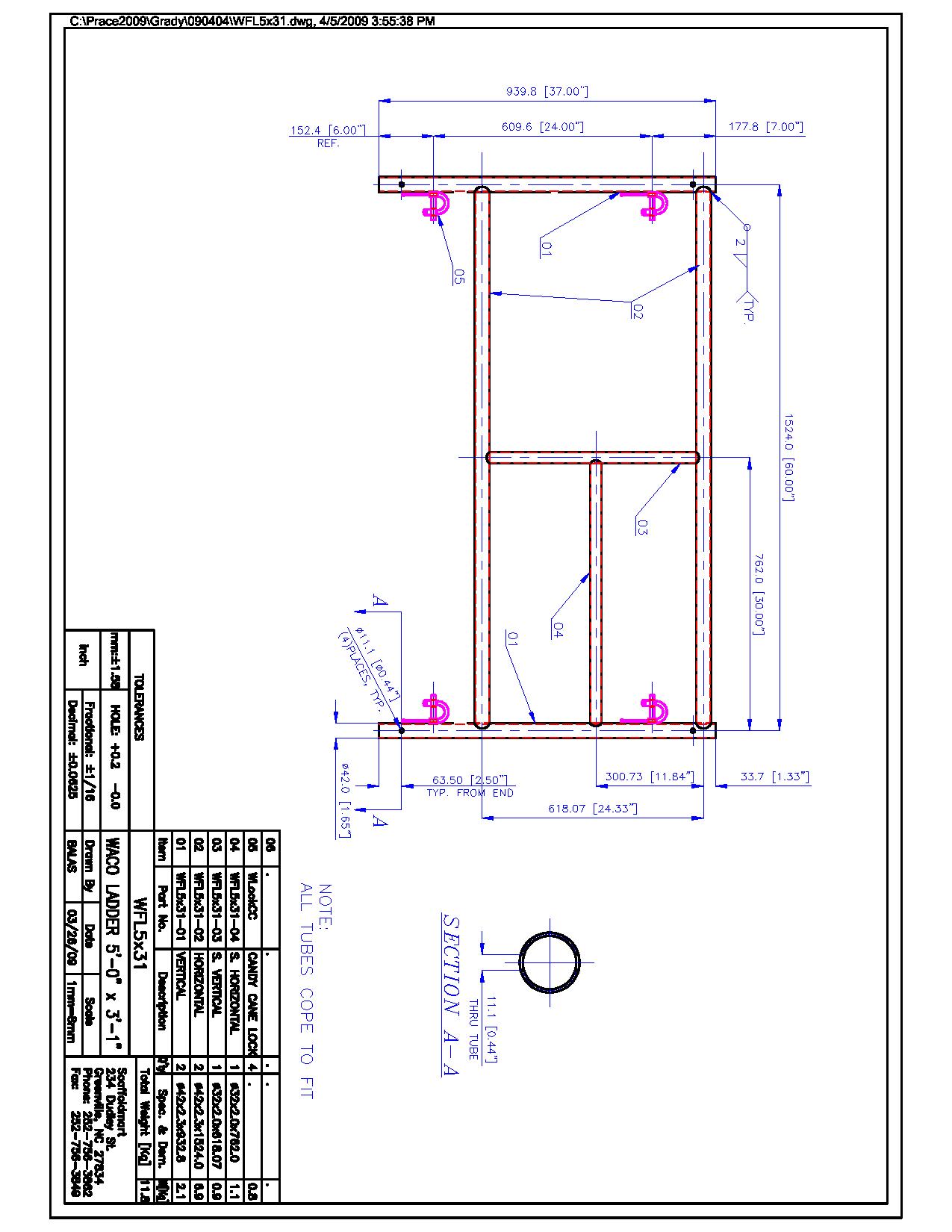 W-Style 5' X 3'1" Ladder Drawing | ScaffoldMart